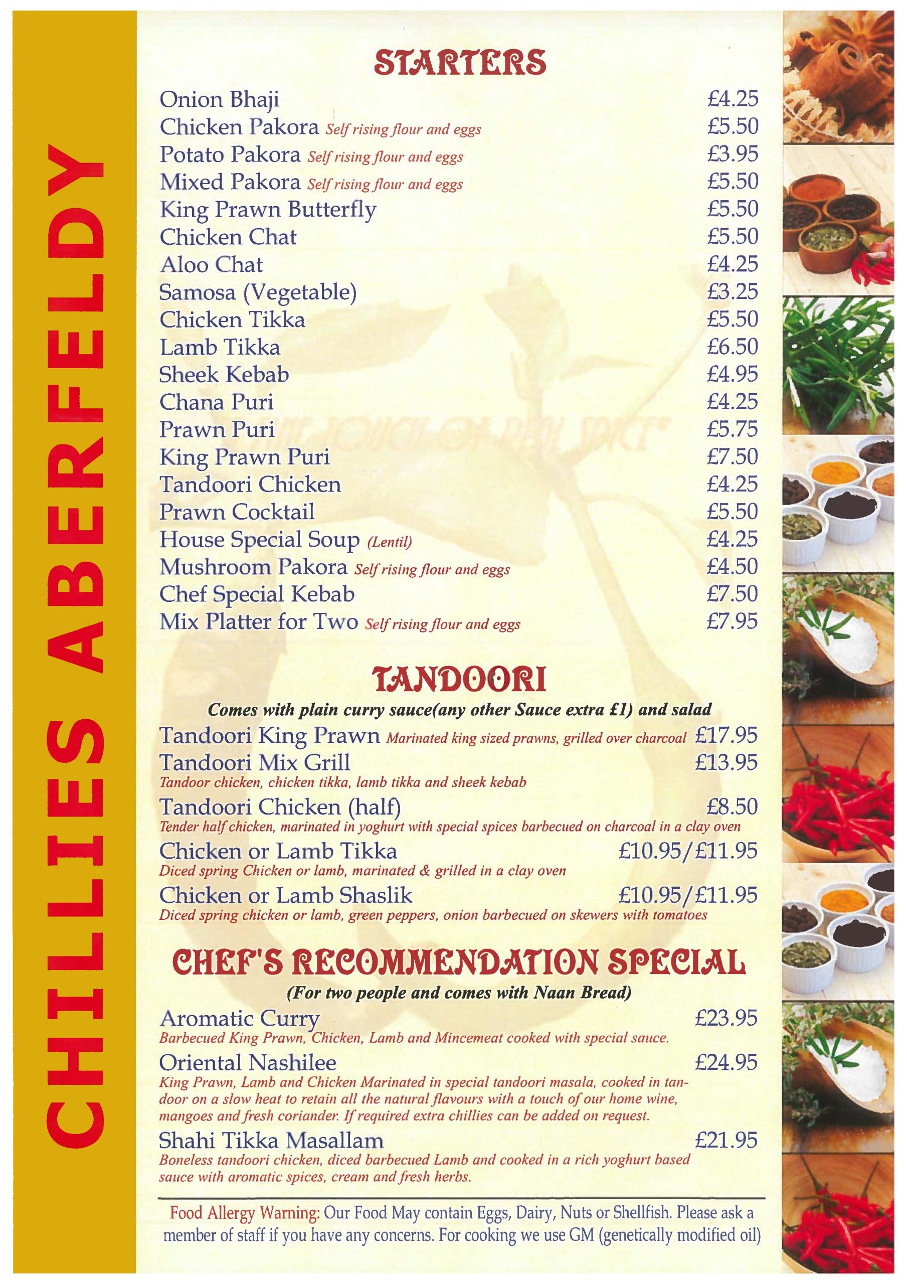 Menu – Chillies Aberfeldy